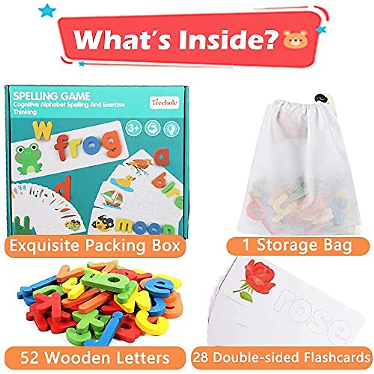 Wooden Toddler See and Spelling Learning Toy Matching Alphabet Word Game with 56 Different Words on 28 Two-Sided Cognitive Cards Letter Jigsaw Puzzle Toys for Kid’s Montessori Preschool Education