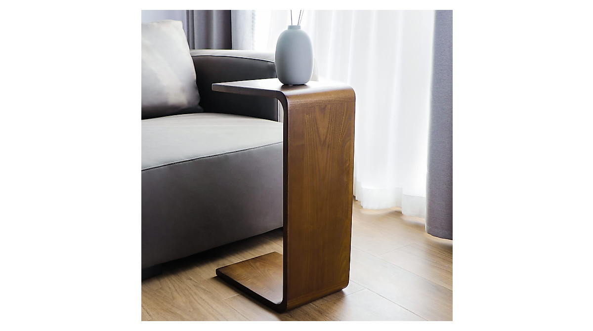 COZYMATIC Walnut C-Shaped End Table - Modern, Space-Saving Sofa Table