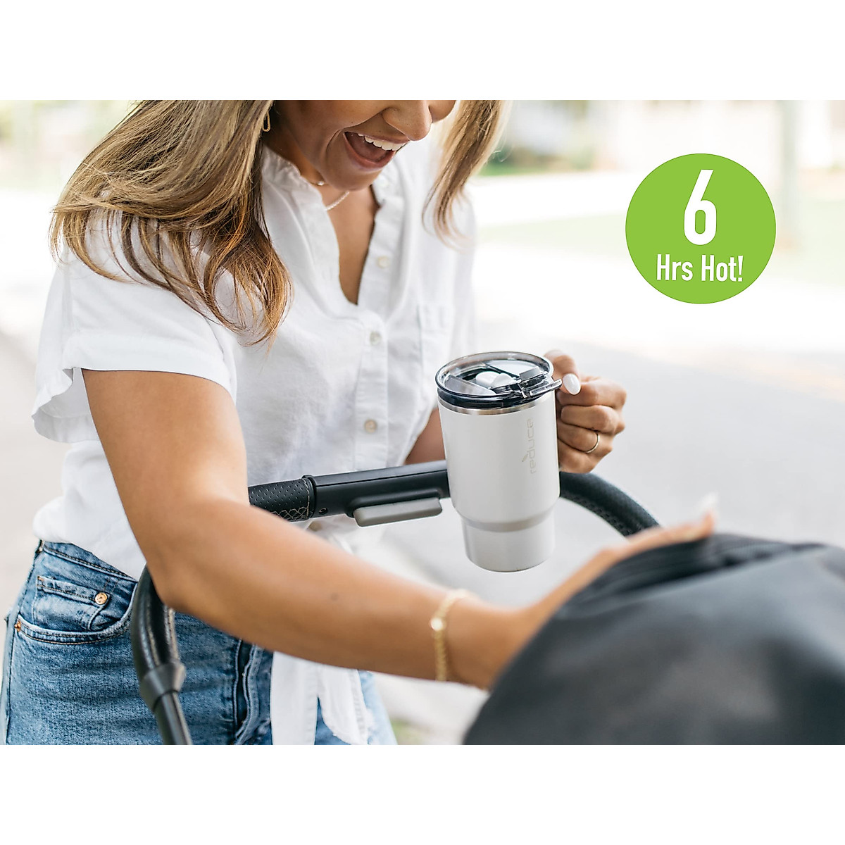 Reduce Travel Coffee Mug, 18 oz - Insulated Mug for Hot Tea, Coffee and Other Hot Drinks - With Flo-Motion Lid and Handle - Single-Serve and Cupholder Friendly - Eucalyptus