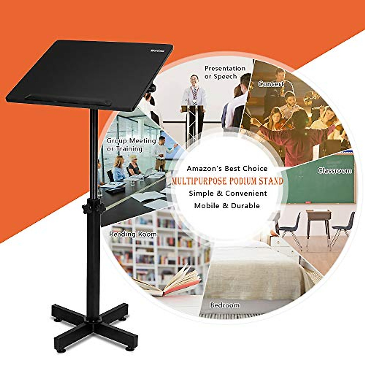 Bonnlo Classic Lectern Stand, Height Adjustable Mobile Podium, Multi-Purpose Tabletop for Speech, Lecture, Church, Reading or Laptop Desk with Edge Stopper, Black