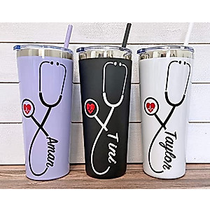 22 oz Nurse Personalized Stainless Steel Tumbler with Custom Stethoscope Vinyl Decal by Avito - Includes Straw and Lid - Nurse RN - Nurse Gift