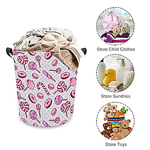 Pink Candies with Hearts Foldable Laundry Basket Waterproof Hamper Storage Bin Bag with Handle 16.5"x 16.5"x 17"