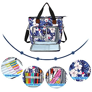 Aeelike Knitting Tote Bag Yarn Storage Bag with Holes, Portable Knitting & Crochet Bag for Storing Yarn and Crochet Knitting Supplies, Travel Knitting Bag with Removable Shoulder Strap (Blue Flower)