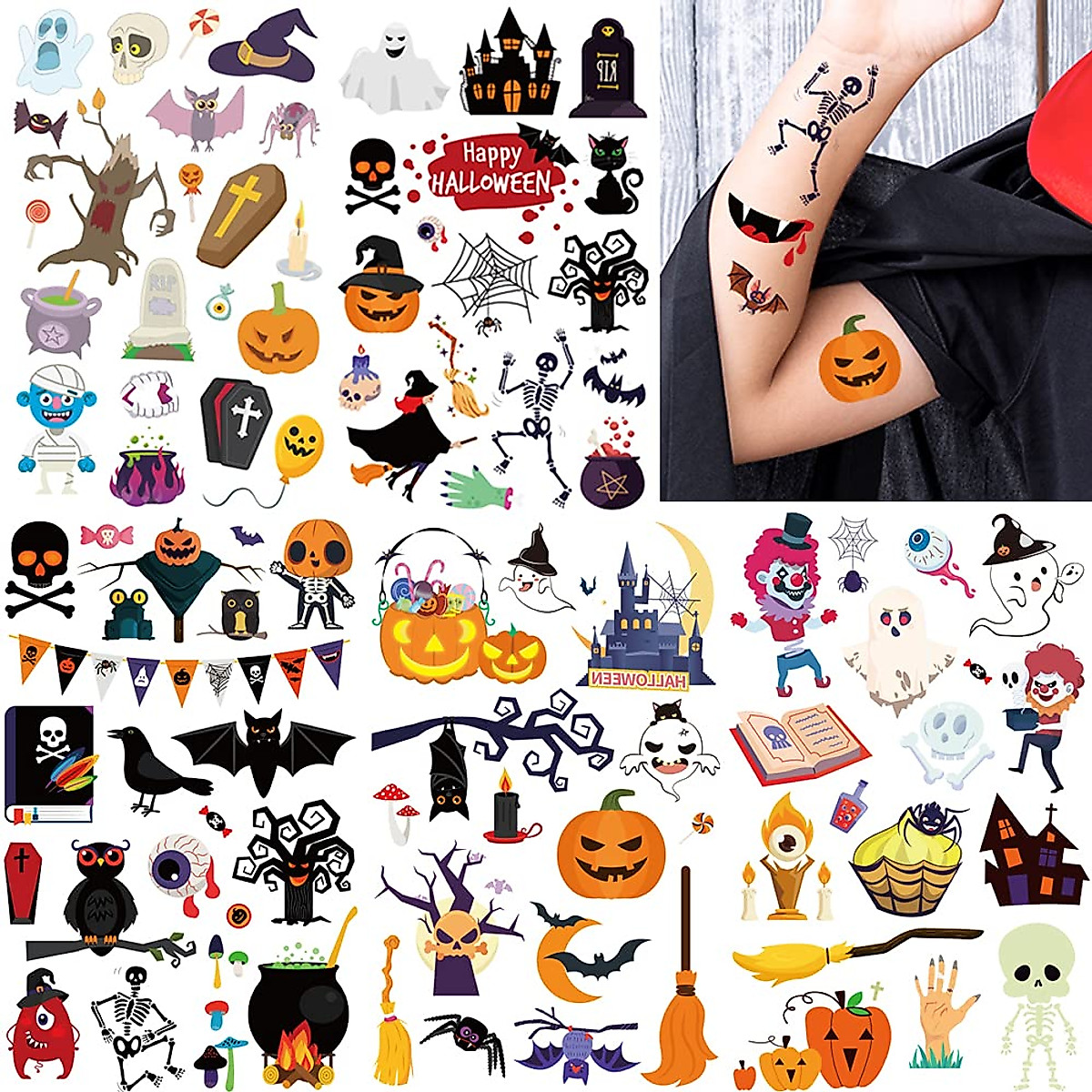 Halloween Temporary Tattoos for Kids, 360PCS Halloween Face Tattoos, Waterproof Cute Cartoon Fake Body Stickers Decorations, Halloween Face Makeup Party Favors Supplies Decor Pumpkin Witch Skull Adult