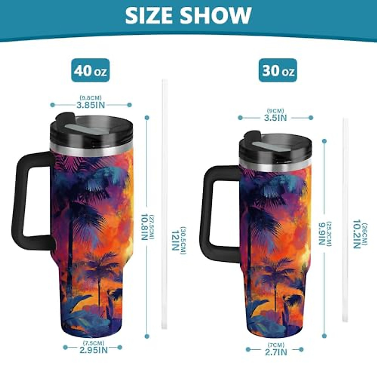 Selerdon 40 oz Tumbler Coconut Trees Tropical Print with Handle and Straw Lid Vacuum Stainless Steel Insulated Water Bottle Travel Mug Car Cup Holder Friendly BPA Free for Gym Travel Office