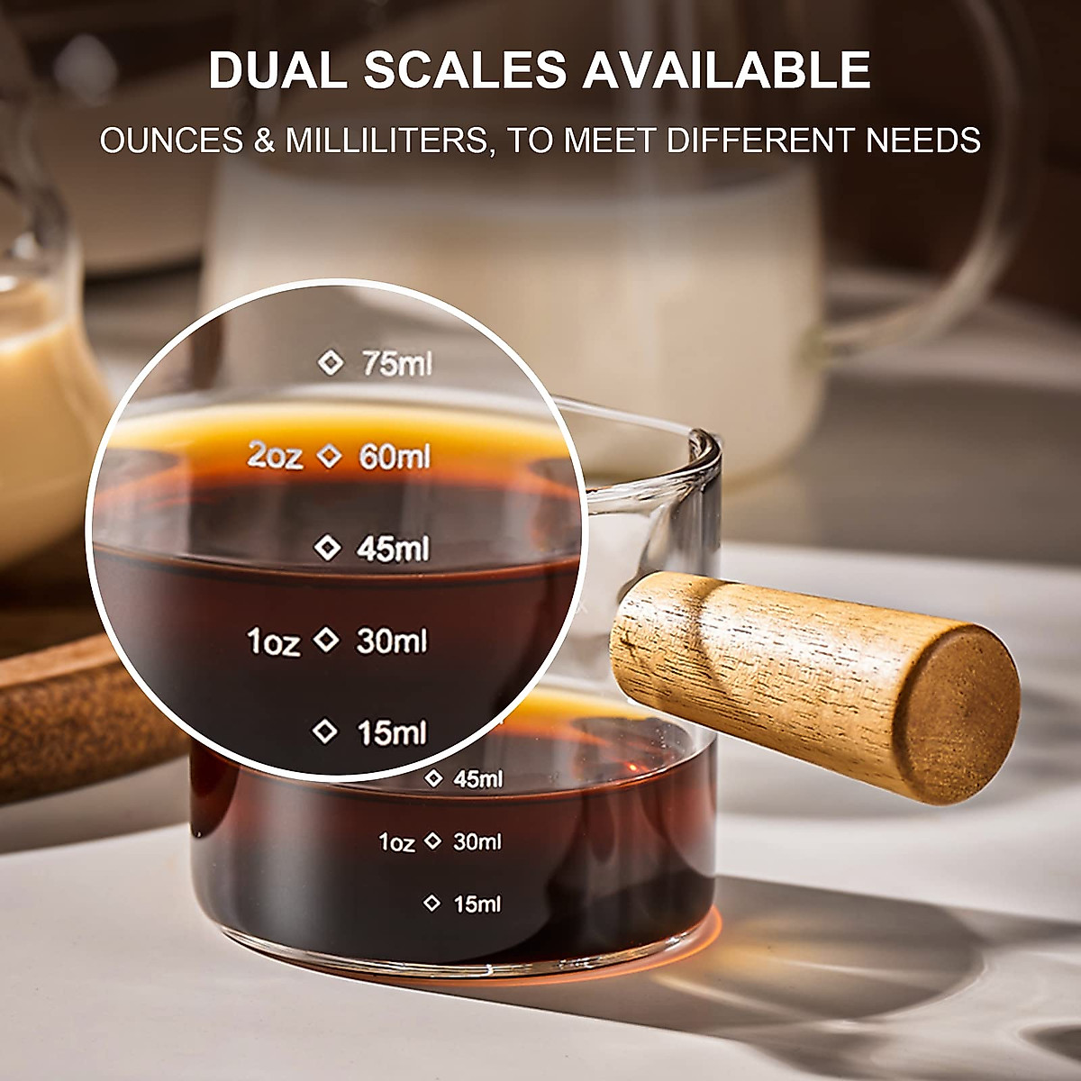 PARACITY Espresso Cups with Wood Handle, Double Spout Glass Measuring Cup with Dual Scale, Espresso Shot Glass with V-Shaped Mouth, Clear Glass Espresso Accessories, Milk Frothing Pitcher 3.5OZ