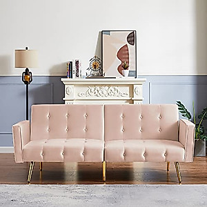 hansones Modern Velvet Button Tufted Folding Futon Sofa Bed with Armrest and Metal Legs for Living Room (Pink)