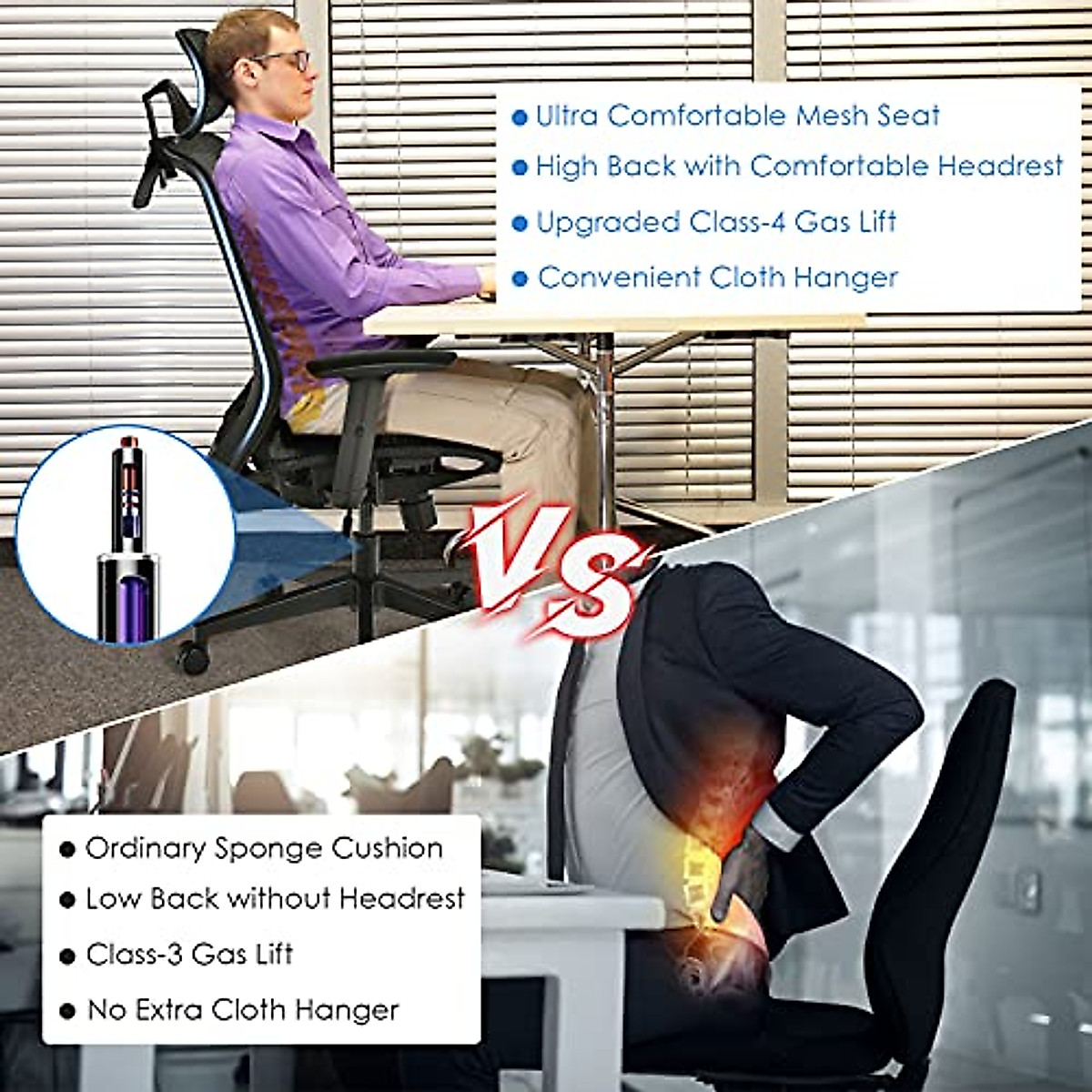 POWERSTONE Ergonomic Mesh Office Chair - High-Back Chair with Clothing Hanger - Computer Desk Chair with Mesh Seat Cushion - Executive Swivel Task Chair with Adjustable Arms and Head Rest - Black