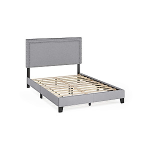 Furinno Laval Double Row Nail Head Upholstered Platform Bed Frame, Full, Glacier