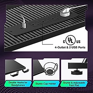 SEVEN WARRIOR L Shaped Gaming Desk with LED Lights & Power Outlets, 50.4” Computer Desk with Monitor Stand & Carbon Fiber Surface, Corner Desk with Cup Holder, Gaming Table with Hooks, Black