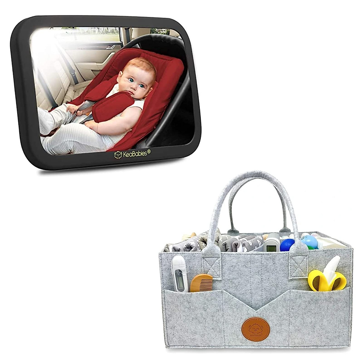 Large Shatterproof Baby Car Mirror and Baby Diaper Caddy Organizer Bundle - Travel Essentials