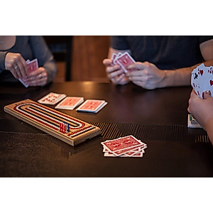 Cribbage Board by Bicycle 3-Track Colour Coded Real Pine Wood Cribbage Game with Deck of Bicycle Cards and Premium Metal Cribbage Pegs
