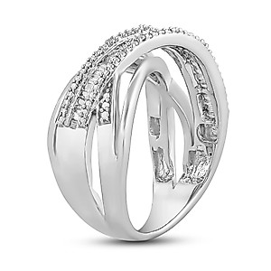 Jewelili Sterling Silver 1/4 Cttw Natural White Round and Baguette Diamonds Cross Over Ring, Size 7