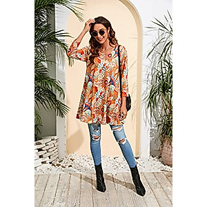 ENMAIN Women's Tunics Tops Plus Size Loose Fit 3/4 Sleeve Top Dressy Casual Swing Paisley Floral Orange Crewneck Hide Belly Tunic Tops to wear with Leggings