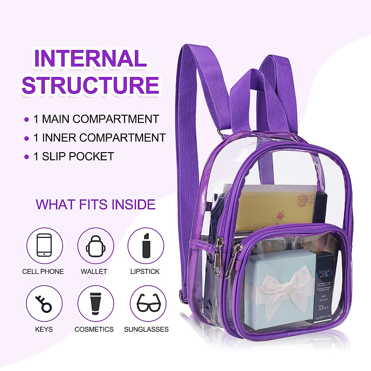 USPECLARE Clear Mini Backpack Stadium Approved, Size 7.5"x2.8"x9" for Girls, for Concert, Festival, Sport Events&Daily Use(Purple)
