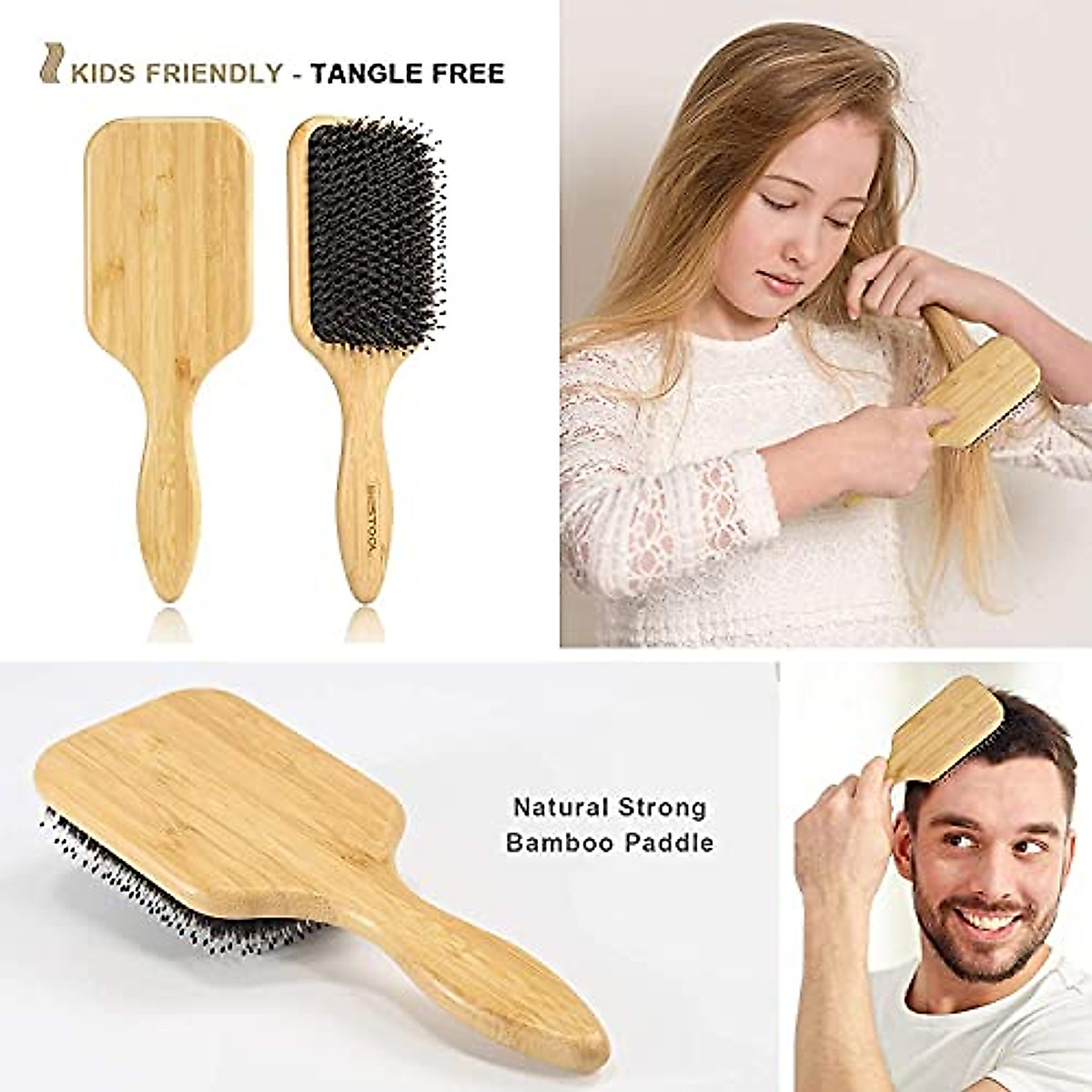 BESTOOL Hair Brush, Boar Bristle Hair Brushes for Women men Kid, Boar & Nylon Bristle Brush for Wet/Dry Hair Smoothing Massaging Detangling, Everyday Brush Enhance Shine & Health (Square)