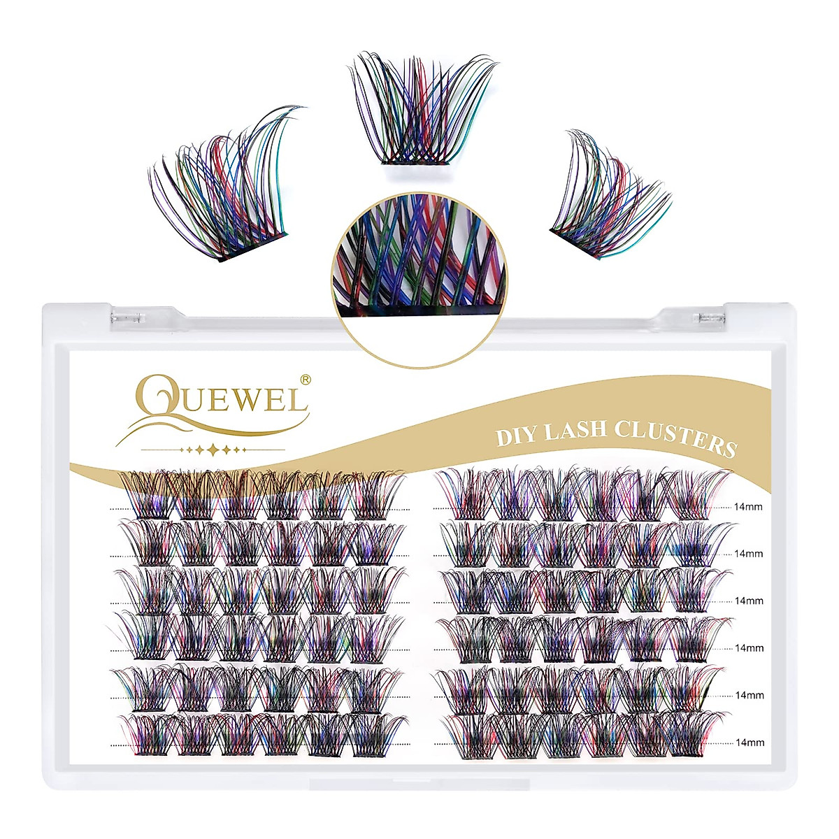 QUEWEL Cluster Lashes 72 Pcs Wide Stem Colored Eyelash Clusters Mixed Colors Lashes Clusters+ C/D Curl 8-16mm Length DIY Eyelash Extension False Eyelashes Natural&Mega Styles