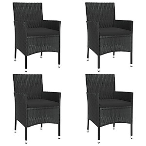 vidaXL 5-Piece Bistro Set - Black Poly Rattan Patio Furniture with Cushions - Round Table & Comfortable Armchairs for Outdoor/Garden