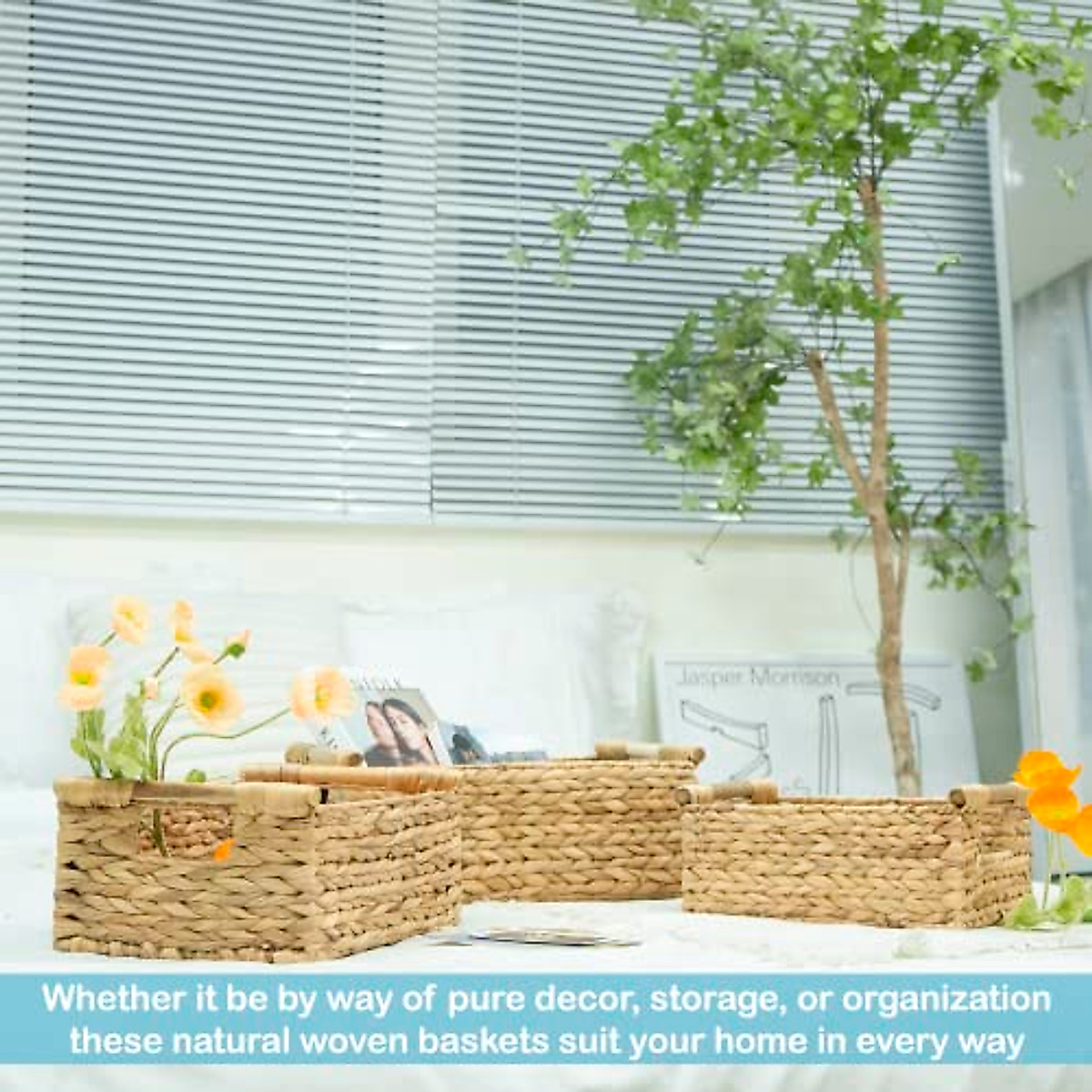 Wicker Baskets for Storage Organizing, Water Hyacinth Storage Baskets Rectangular with Wooden Handles for Shelves, Natural Wicker Storage Basket Bins - Set of Wicker Baskets for Organizing with Handle