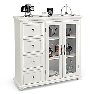 LOKO Buffet Sideboard, Kitchen Storage Cabinet, 2-Door Cupboard with 4 Drawers, Adjustable Shelf & Anti-Tipping Device, Multipurpose Console Cabinet (White)