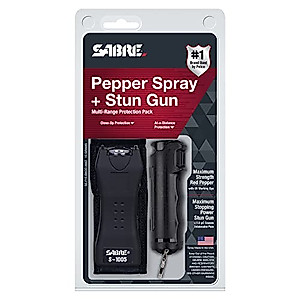 SABRE Pepper Spray & 2-in-1 Stun Gun with Flashlight, Self Defense Kit, Fast Flip Top Safety, Finger Grip for Better & Faster Aim, Painful 1.60 µC Charge, 120 Lumen LED Light, Rechargeable, 0.54 fl oz