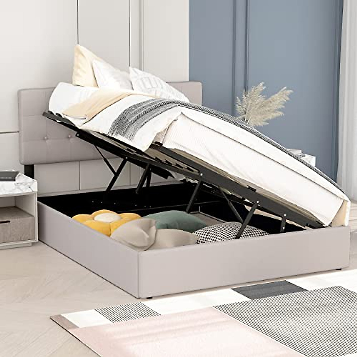 Contemporary Linen Upholstered Platform Bed Mattress Foundation w/Button Tufted Headboard&Slats for Adult,Low Panel Bedframe w/Gas Lift up Storage Space&Wooden Slats,No Box Spring Needed (Beige,Queen)