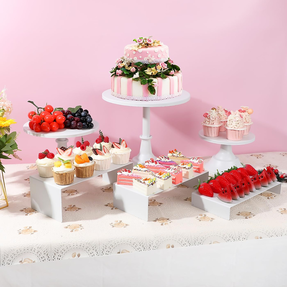 6PCS Cake Stand Set, White Metal Cake Stands for Party, Dessert Table Display Set, 3 Size Round Cake Pedestal Stand with Cupcake Risers Stands, Dessert Holders for Weddings, Birthday, Baby Shower