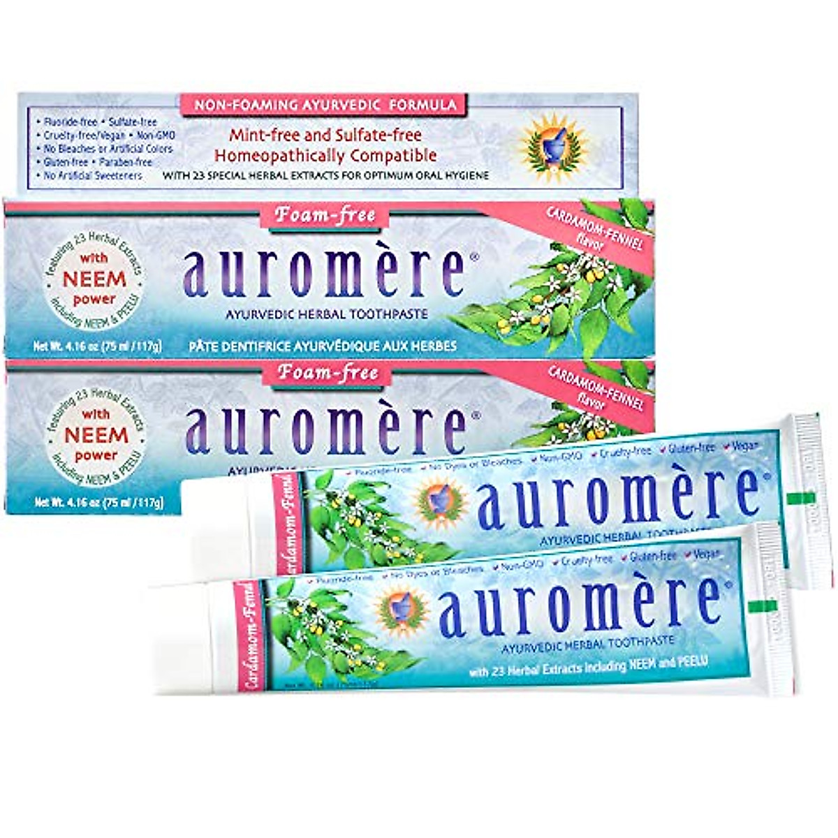 Auromere Ayurvedic Herbal Toothpaste, Cardamom Fennel, Foam Free - Vegan, Natural, Non GMO, SLS Free, Fluoride Free, Gluten Free, with Neem & Peelu (4.16 oz), 2 Pack