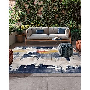 Minimalist Abstract Outdoor Rugs for 4'x6' Patios Clearance, RV Camping Mat Rug Portable Outside Rug Indoor Outdoor Area Rug Mat for Beach Deck Pool Navy Blue Modern Painting Art