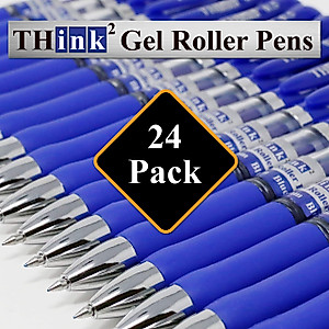THINK2MASTER [24 Pens - Blue Ink] Think2 Retractable Gel Pens. (24 Blue) Fine Point (0.5mm) Rollerball Pens with Comfort Grip.