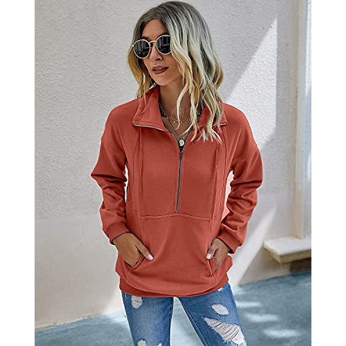 PRETTYGARDEN Women’s Casual Long Sleeve Lapel Zipper Sweatshirt Drawstring Loose Pullover Tops Orange Red