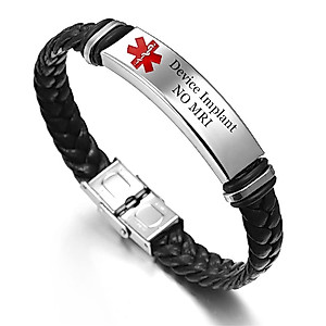 KBNSUIAN Personalized Medical NO MRI Bracelet for Women Men Braided Leather ID Bangle Disease Allergy Awareness Alert Wristband Customized Identification Jewelry for Emergency Life Saver with Aid Bag