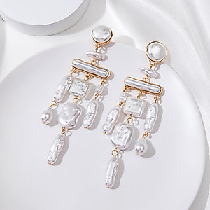 Donabus Statement Pearl Dangle Earring Luxury Chandelier Earring Gold and Pearl Earring Organic Style Earring Hoop Earring (D)