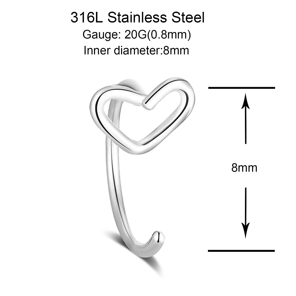 Heart Nose Ring Hoop 316L Surgical Steel Nose Hoop For Women Men 20g Nostril Hoop Piercing Jewelry