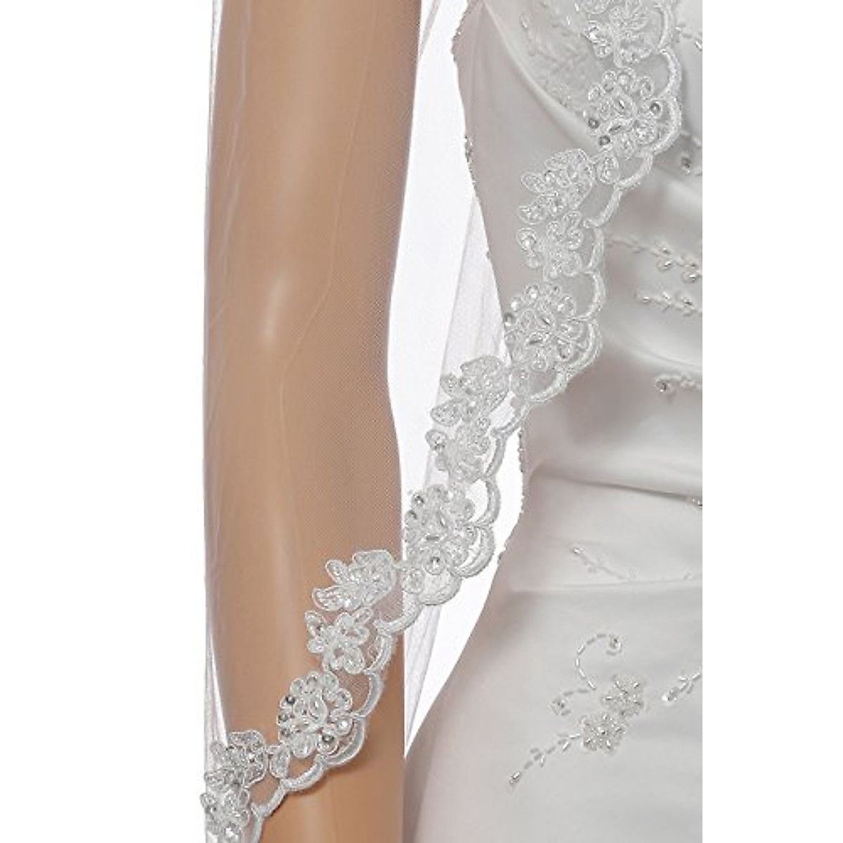 SAMKY 1T 1 Tier Floral Scallop Embroided Lace Pearl Veil - White Fingertip Length 36" V470