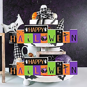 Happy Halloween Decor and Reversible Merry Christmas Decor Wood Sign, Free Standing Block, Halloween and Christmas Farmhouse Table Decor for Home Indoor Mantle Party Office Tiered Tray Decor