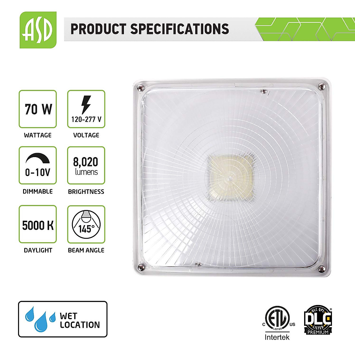 ASD LED Canopy Light Outdoor, 70W 8400 Lm Dimmable, Daylight 5000K, 120-277VAC 175W HID/MH Replacement, IP65 Waterproof Gas Station and Garage Ceiling Light 9.6" x 9.6", ETL & DLC Listed, White Finish