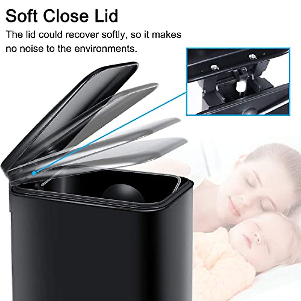 H+LUX Slim Small Bathroom Trash Can with Lid Soft Close,Black Small Trash can for Bathroom Bedroom Office with Removable Inner Wastebasket, Rectangular Foot Pedal Trash Bin, 5L/1.3Gal