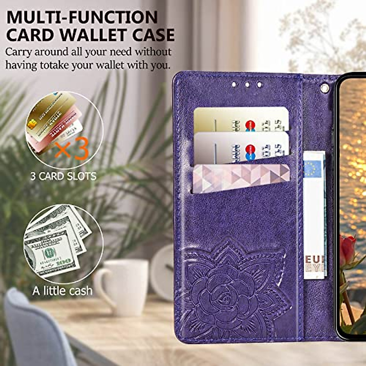 Designed for Moto G Power 2022 Case Wallet,Women Flip Cover with Butterfly Embossed PU Leather Kickstand Credit Card Holder Slots Magnetic Wrist Strap Purse for Motorola Moto G Power (Purple)