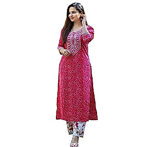 Paru Fabrics Women's Cotton Printed Straight Embroidery Kurti with Pant (L) Pink