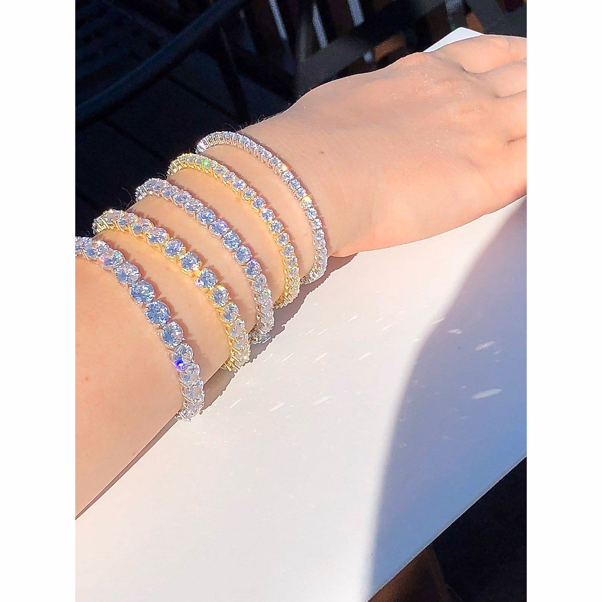 HarlemBling Real Solid 925 Sterling Silver Mens Or Womens Tennis Bracelet - 14k Yellow & Rose Gold Finish Over Solid 925 Silver - 3-6mm - 6-9" Iced Out One Row Bracelet (6, 3mm Silver)