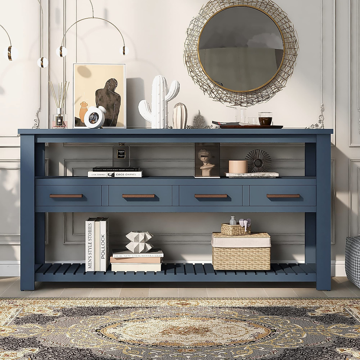 HZXINKEDZSW Vintage Multifunction Console Table,62.2'' Modern Sofa Table with 4 Drawers and 2 Storage Shelves,Wooden Buffet Sideboard for Hallway,Entryway,Bedroom,Living Room (Navy Blue+ 4 Drawers)