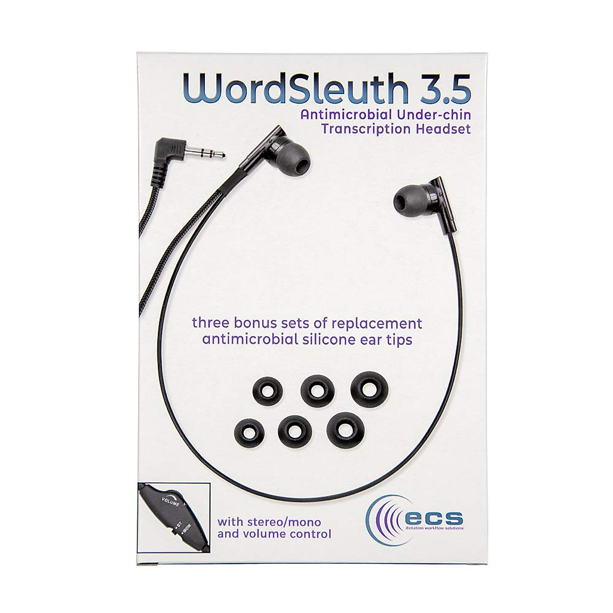 ECS Wordsleuth Under Chin in-Ear Audio Transcription Headphones, 10 Foot 3.5mm Jack, Noise Cancelling, Silicone Ear Phones with in-line Volume Control