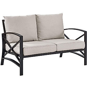 Crosley Furniture Kaplan 3-Piece Outdoor Loveseat Patio Furniture Set, Conversation Sets for Porch, Deck, Oiled Bronze with Oatmeal Cushions