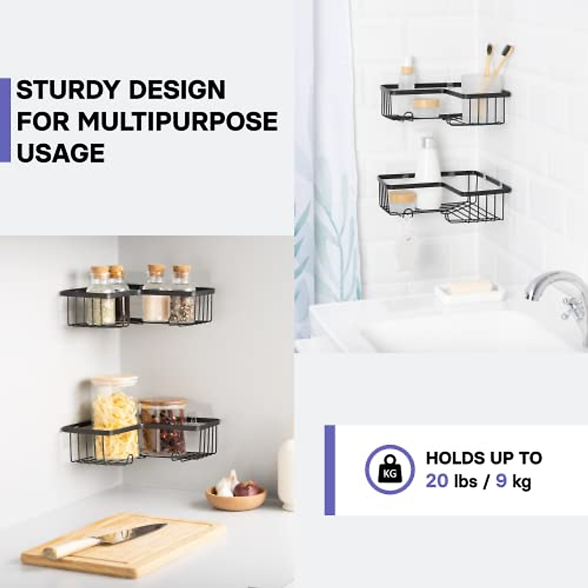 KINCMAX Corner Shower Caddy, Rustproof SUS304 Stainless Steel, Adhesive Wall Mount Double Baskets 2-pack with Built-in Hooks (Matte Black)