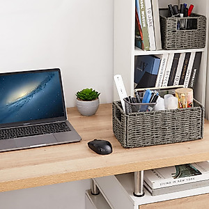 Vagusicc Wicker Baskets for Storage, Wicker Baskets for Shelves, Set of 4 Hand-Woven Round Paper Rope Storage Baskets Wicker Baskets for Organizing Storage Bins, Grey