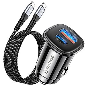 Syncwire USB C Car Charger 60W [PD 30W & QC 30W] Car Charger Fast Charging USB Car Charger Adapter with 5FT Type C Cable Compatible with Samsung S23/S22 Google Pixel 7/7Pro iPhone 14 Pro Max and More