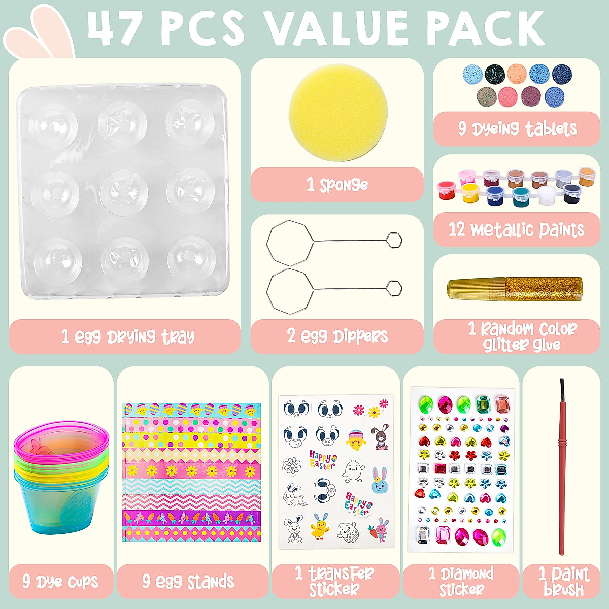 Klever Kits 47 Pcs Easter Egg Dye Decorating Kit Gift with Painting Crafts, Stickers for Kids Boys Girls Easter Creativity Activity, Party Decor, Party Favor