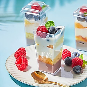 Zezzxu 3 oz Mini Plastic Dessert Cups with Lids and Spoons, 50 Pack Square Dessert Shot Glasses Shooter Cups for Appetizers Parfaits Mousse Trifle Fruit Pudding