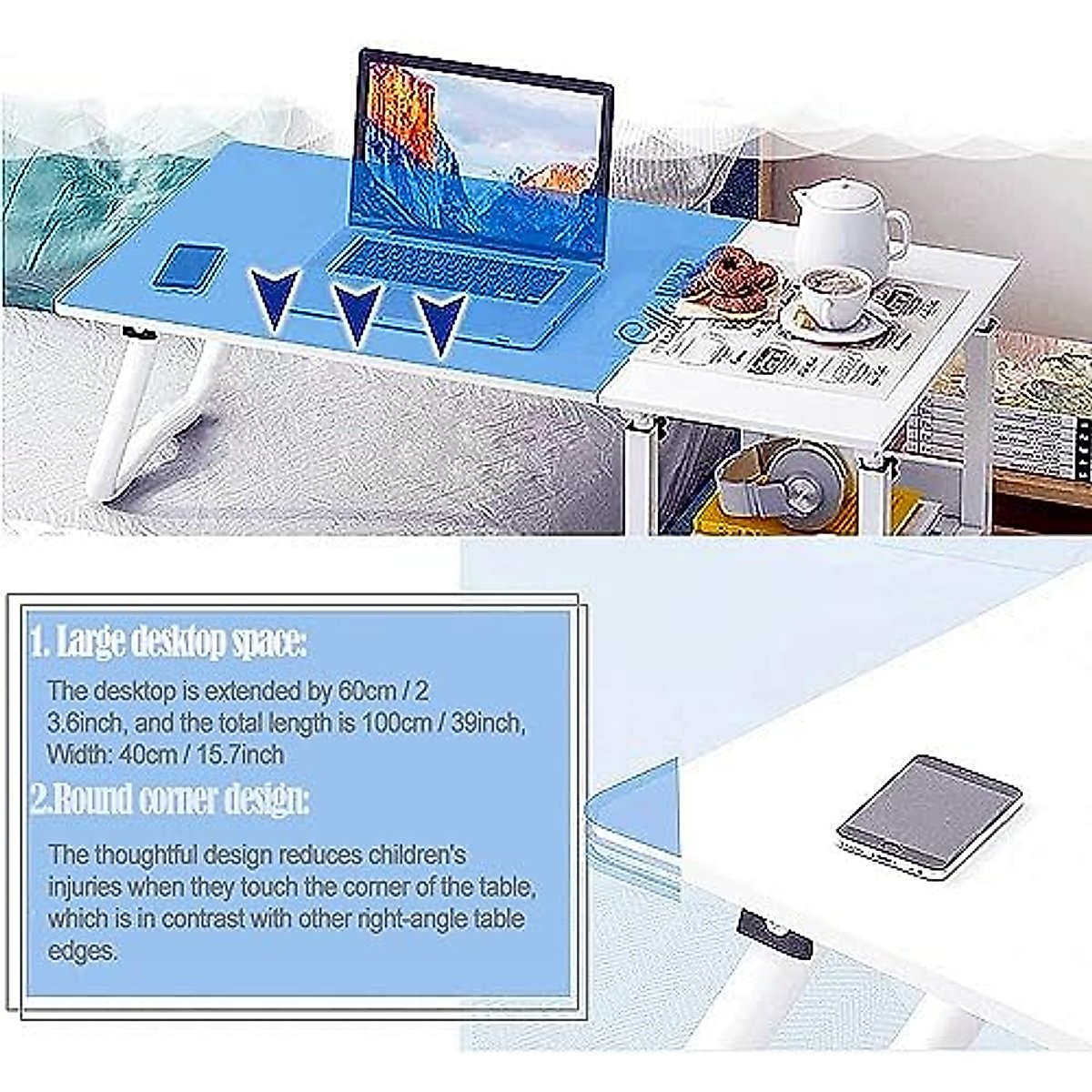 GFertre 2 in 1 Overbed Table with Wheels, Bedroom Side Table, Foldable Bedside Table with Drawer, Height Adjustable Over Bed Desk Laptop Mobile Computer Desk Workstation with Wheels Nightstand (White)